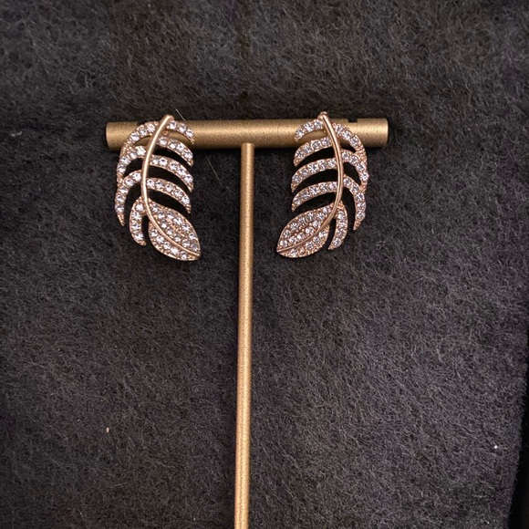 Charming Charlie | Jewelry | Leaf Feather Rhinestone Gold Tone Earrings ...